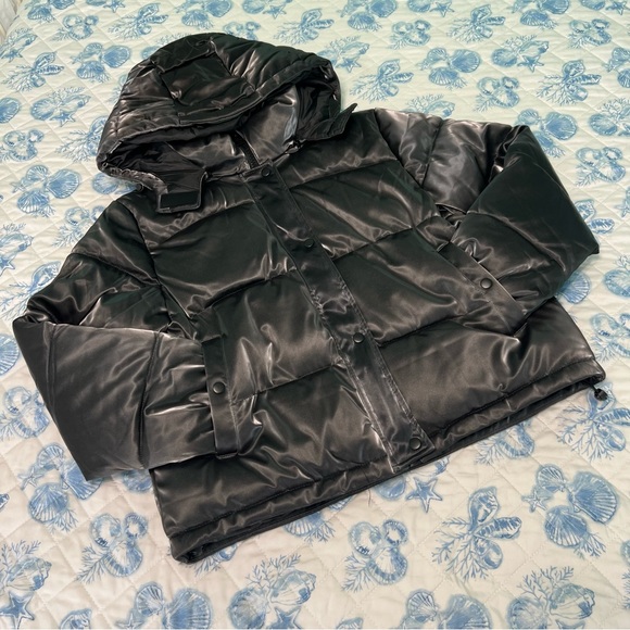 Jackets & Coats | Shiny Oil Slick Black Boxy Puffer Jacket With ...